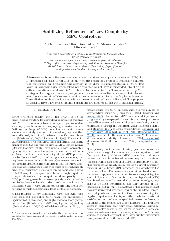 (PDF) Stabilizing Refinement of Low-Complexity MPC Controllers