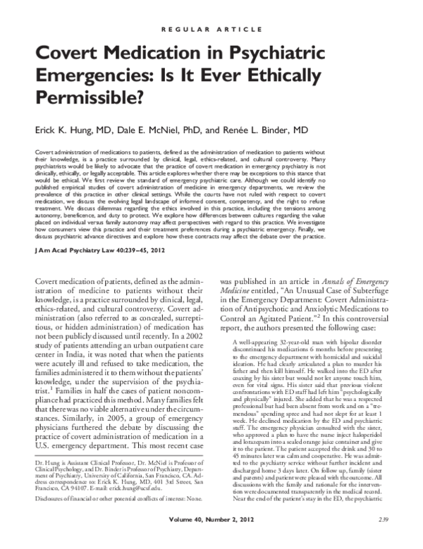 (PDF) Covert Medication in Psychiatric Emergencies: Is It Ever ...