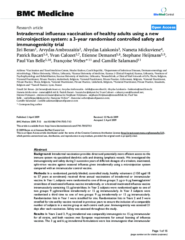 (PDF) Intradermal influenza vaccination of healthy adults using a new ...