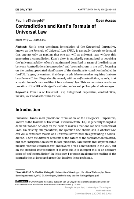 (PDF) Contradiction and Kant's Formula of Universal Law