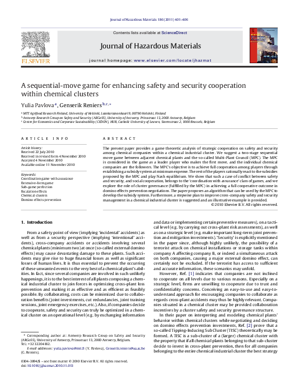 (PDF) A sequential-move game for enhancing safety and security cooperation within chemical clusters