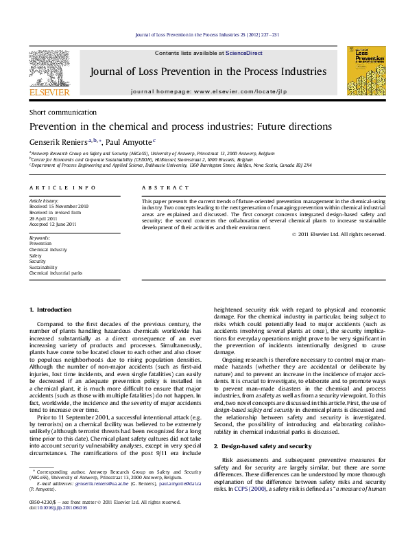 (PDF) Prevention in the chemical and process industries: Future directions