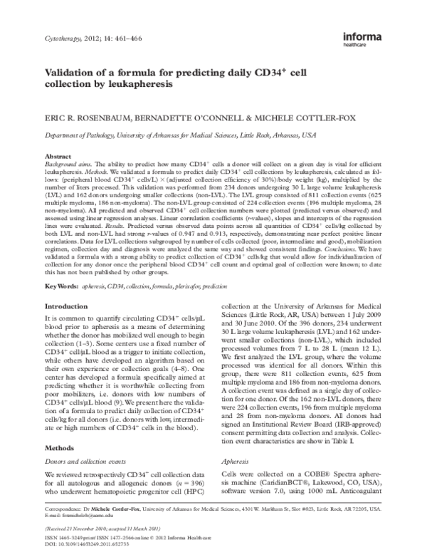 (PDF) Validation of a formula for predicting daily CD34+ cell ...