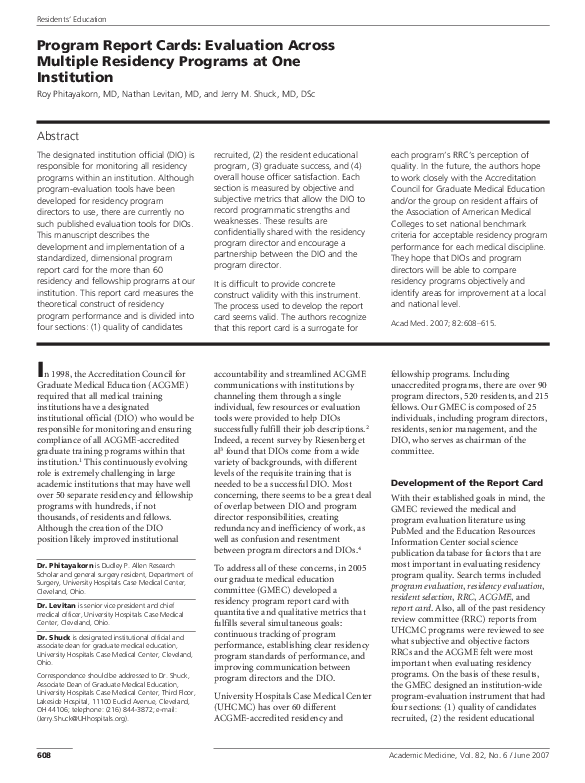 (PDF) Program Report Cards: Evaluation Across Multiple Residency ...