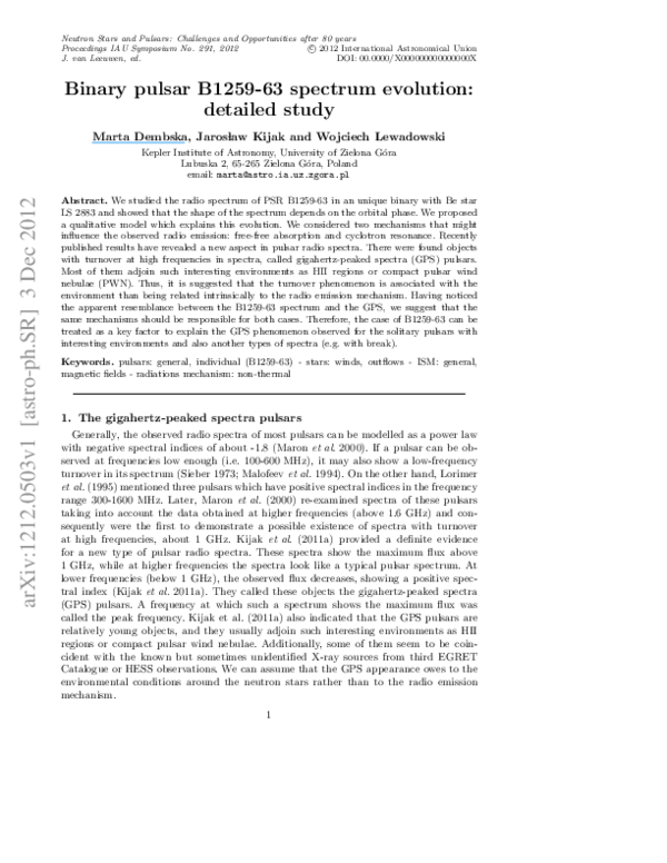 (PDF) Binary pulsar B1259-63 spectrum evolution: detailed study | Marta Dembska - Academia.edu