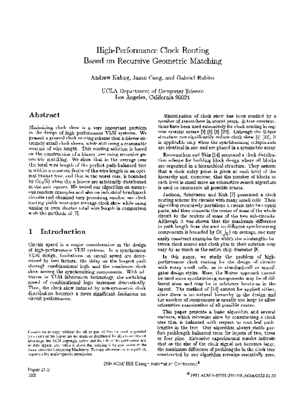 Pdf High Performance Clock Routing Based On Recursive Geometric Matching
