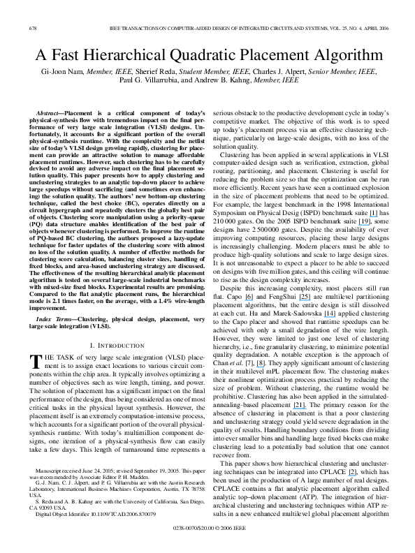 Pdf A Fast Hierarchical Quadratic Placement Algorithm 6400