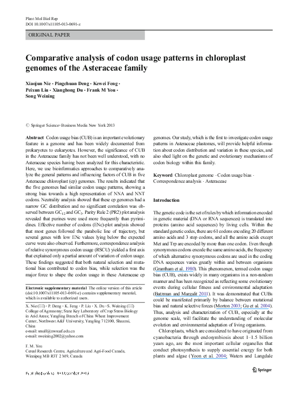 Pdf Comparative Analysis Of Codon Usage Patterns In Chloroplast