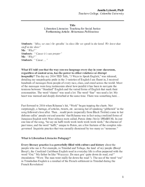 (PDF) Liberation Literacies Teaching for Social Justice