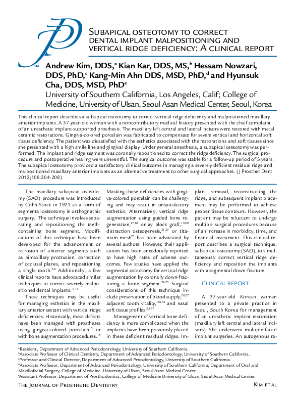 (PDF) Subapical osteotomy to correct dental implant malpositioning and ...