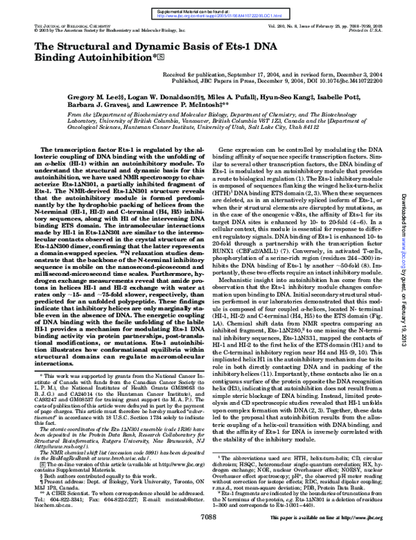 (PDF) The Structural and Dynamic Basis of Ets-1 DNA Binding Autoinhibition