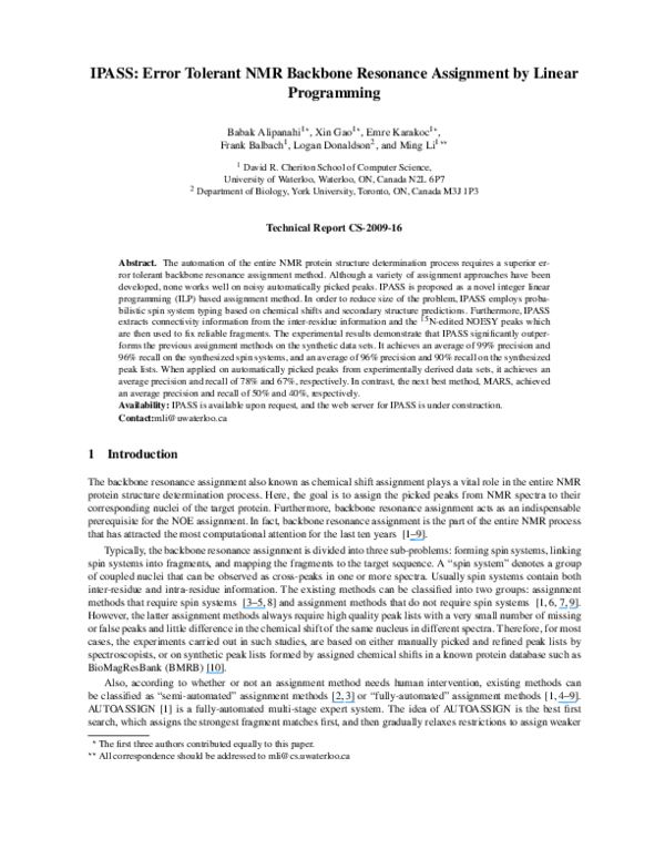 Pdf Ipass Error Tolerant Nmr Backbone Resonance Assignment By Linear Programming