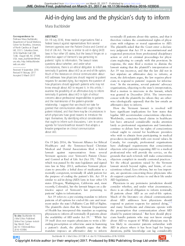 (PDF) Aid-in-dying laws and the physician's duty to inform