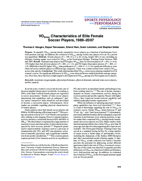 (PDF) VO2max Characteristics of Elite Female Soccer Players, 1989–2007