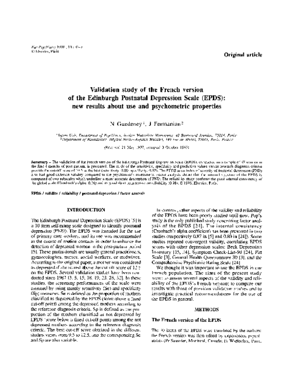 (PDF) Validation study of the French version of the Edinburgh Postnatal ...
