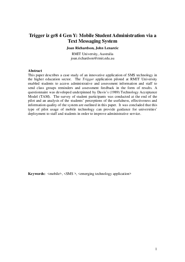 (PDF) Trigger iz gr8 4 Gen Y: Mobile Student Administration via a Text ...