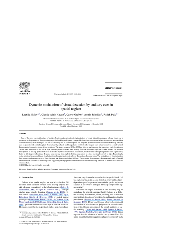 (PDF) Dynamic modulation of visual detection by auditory cues in spatial neglect