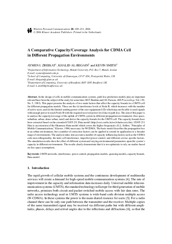 Pdf A Comparative Capacitycoverage Analysis For Cdma Cell In Different Propagation Environments