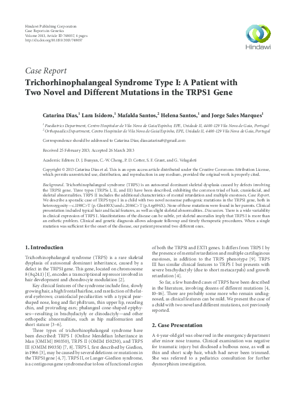(PDF) Trichorhinophalangeal Syndrome Type I: A Patient with Two Novel ...