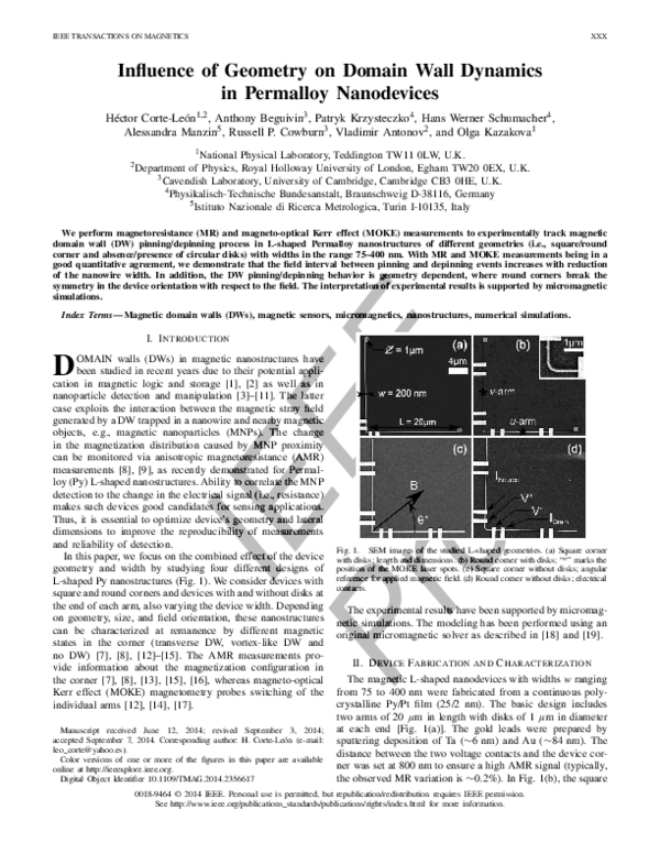(PDF) Influence of Geometry on Domain Wall Dynamics in Permalloy Nanodevices