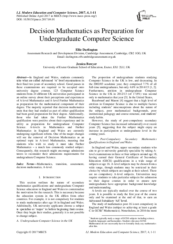 (PDF) Decision Mathematics as Preparation for Undergraduate Computer ...