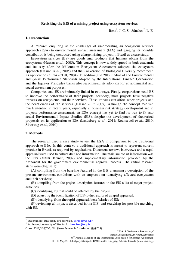 (PDF) Integrating Ecosystem Services in EIAs