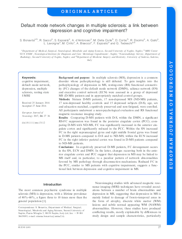 (PDF) Default mode network changes in multiple sclerosis: a link between depression and ...
