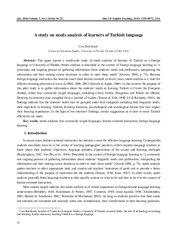 (PDF) A study on needs analysis of learners of Turkish language