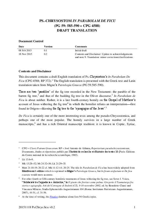 (PDF) Ps.-Chrysostom In Parabolam De Ficu (PG 59: 585-590 = CPG 4588 ...