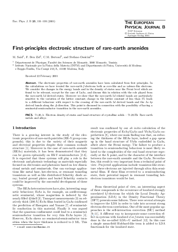 (PDF) First-principles electronic structure of rare-earth arsenides