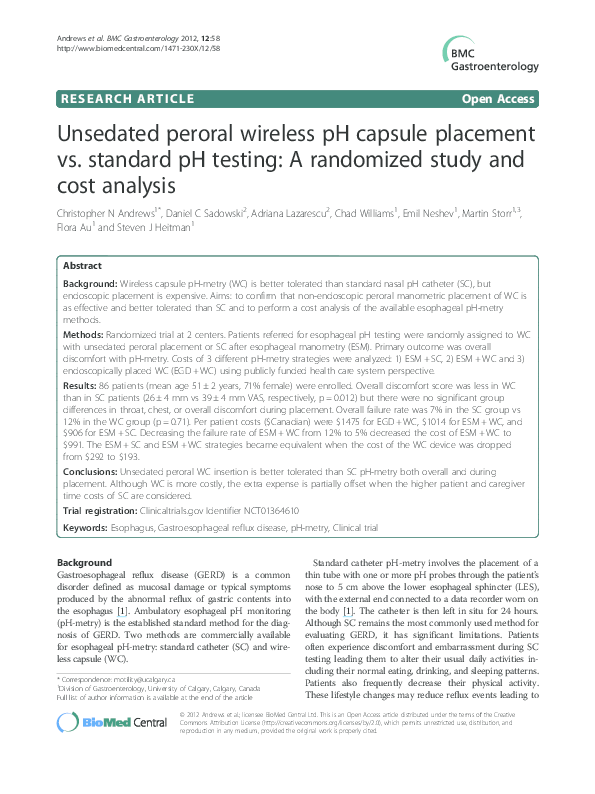 (PDF) Unsedated peroral wireless pH capsule placement vs. standard pH ...