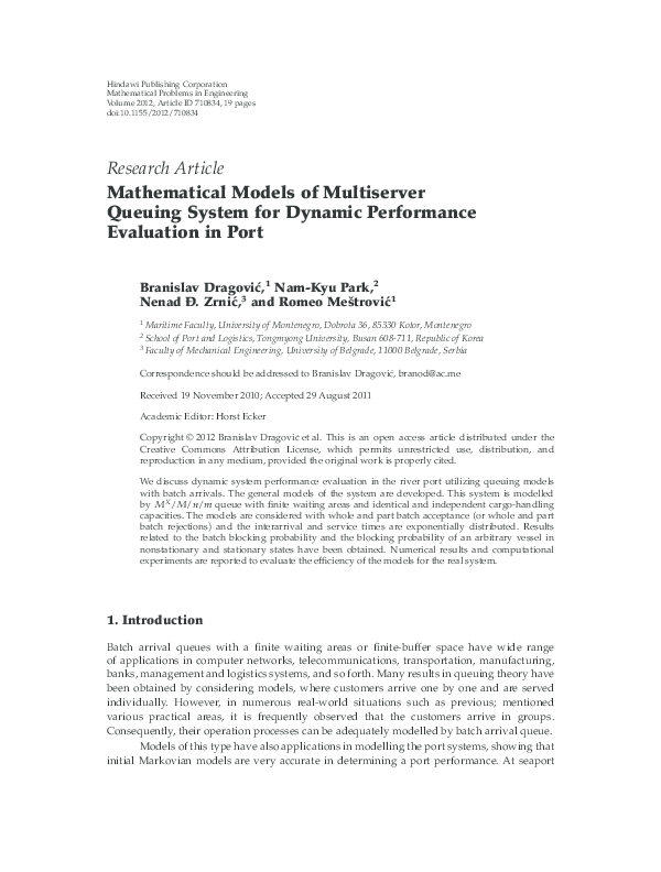 Pdf Mathematical Models Of Multiserver Queuing System For Dynamic Performance Evaluation In Port