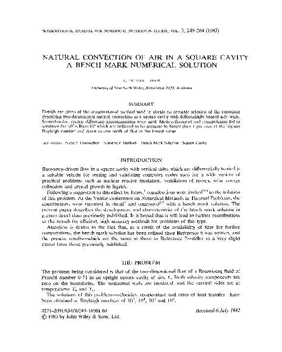 (PDF) NATURAL CONVECTION OF AIR IN A SQUARE CAVITY A BENCH MARK NUMERICAL SOLUTION