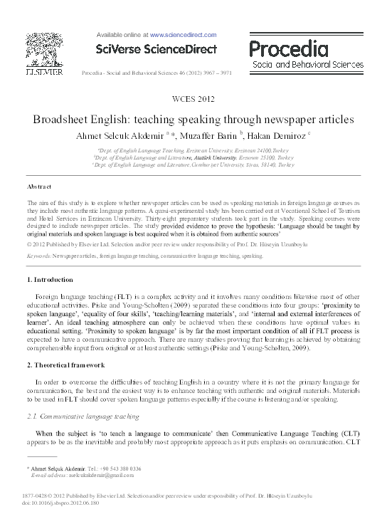 (PDF) Broadsheet English: Teaching English through Newspaper Articles