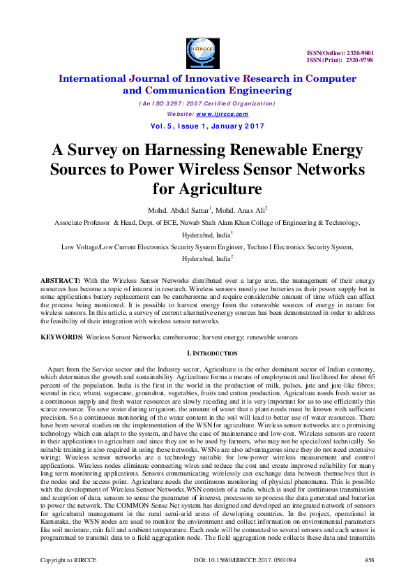 Pdf A Survey On Harnessing Renewable Energy Sources To Power Wireless Sensor Networks For