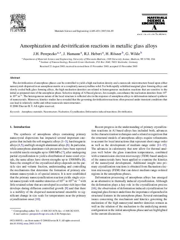 (PDF) Amorphization and devitrification reactions in metallic glass alloys