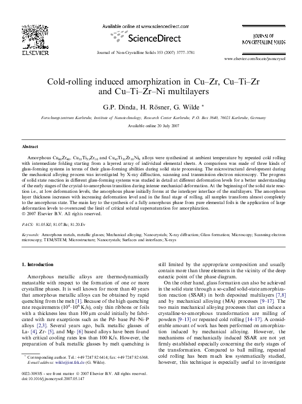 (PDF) Cold-rolling induced amorphization in Cu Zr, Cu Ti Zr and Cu Ti Zr Ni multilayers