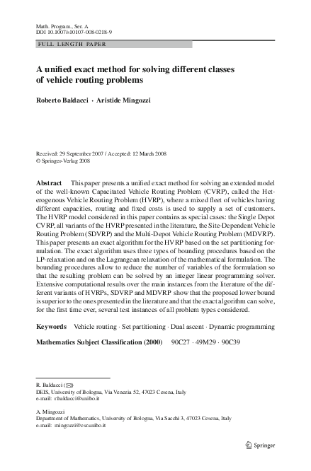 (PDF) A unified exact method for solving different classes of vehicle routing problems