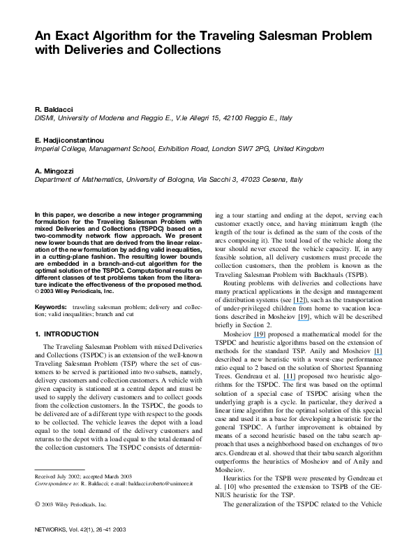 (PDF) An exact algorithm for the Traveling Salesman Problem with Deliveries and Collections ...