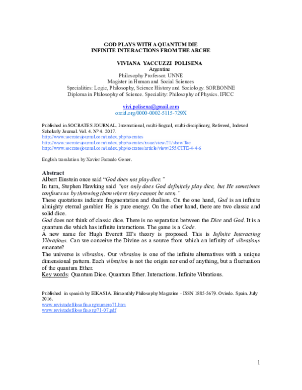 (PDF) God plays with a Quantum Die. Infinite Interactions from the Arche