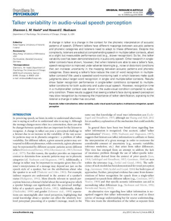 (PDF) Talker variability in audio-visual speech perception