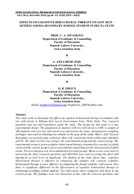 (PDF) EFFECTS OF COGNITIVE BEHAVIOURAL THERAPY ON LOW SELF – ESTEEM ...