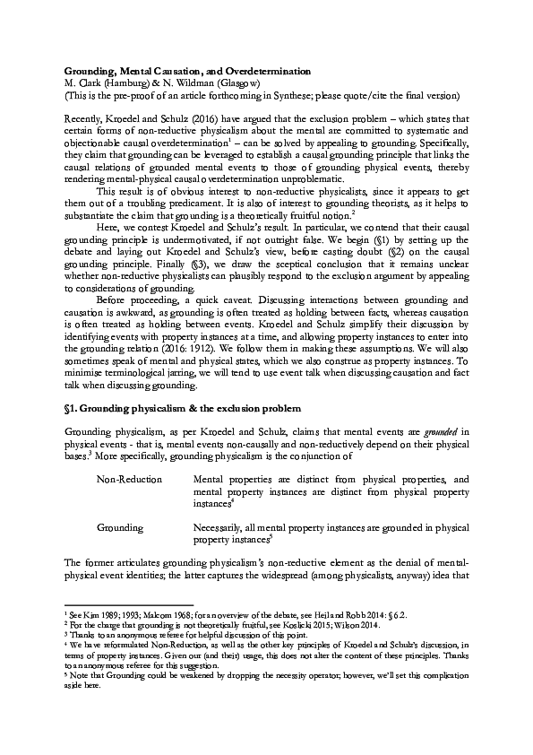 (PDF) Grounding, Mental Causation, and Overdetermination (w. Michael Clark)