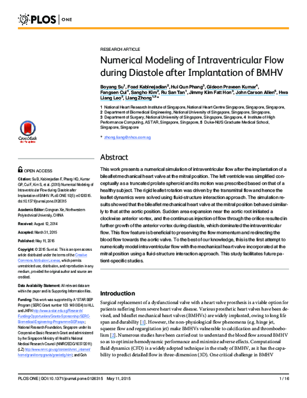 (PDF) Numerical Modeling of Intraventricular Flow during Diastole after Implantation of BMHV