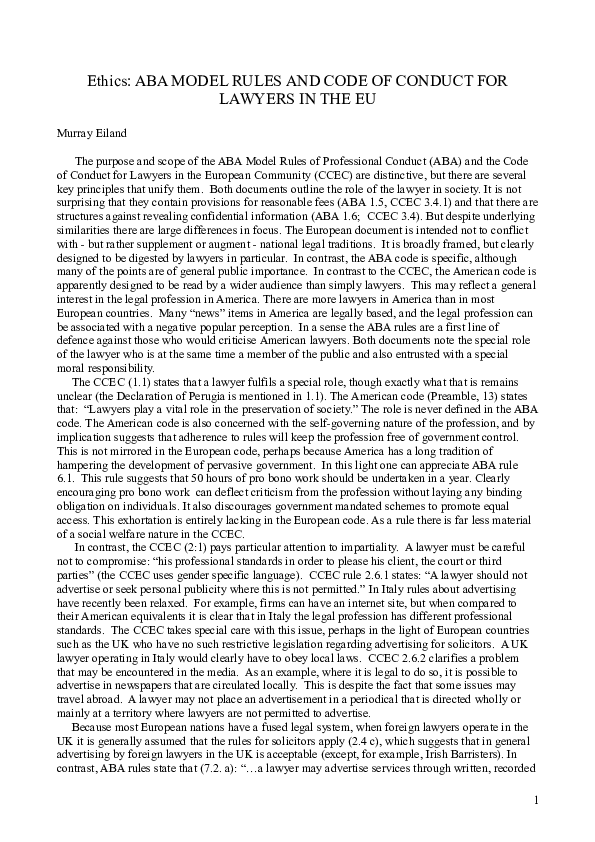 (DOC) Ethics: ABA MODEL RULES AND CODE OF CONDUCT FOR LAWYERS IN THE EU