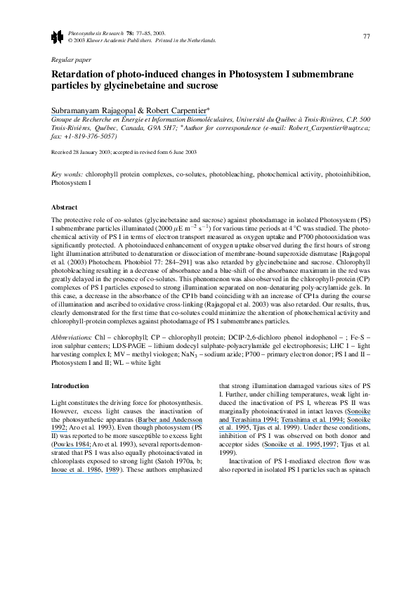 (PDF) Retardation of photo-induced changes in Photosystem I submembrane ...