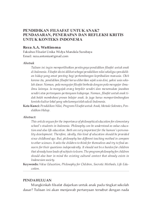 (PDF) Jurnal Filsafat, Pendidikan Filsafat untuk Anak.pdf