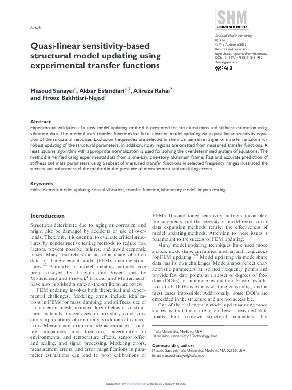 Pdf Quasi Linear Sensitivity Based Structural Model Updating Using Experimental Transfer Functions