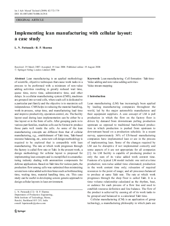 (PDF) Implementing lean manufacturing with cellular layout: a case study