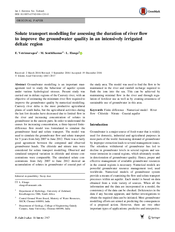 (PDF) Solute transport modelling for assessing the duration of river ...